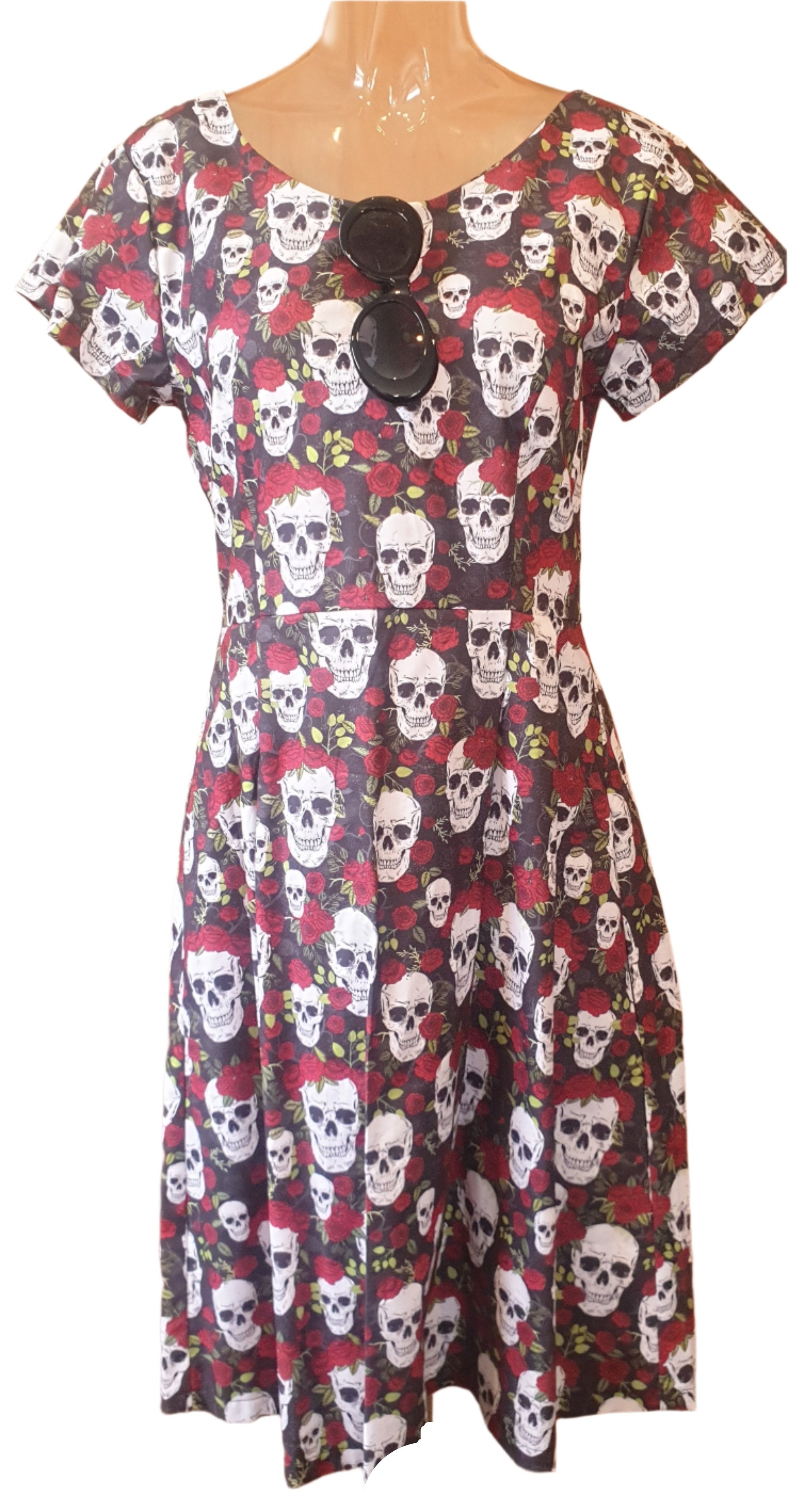 Black Skulls & Red Roses Audrey Dress - Planet Retro Original